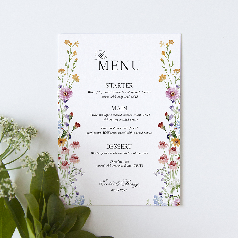 Wildflower Wedding Menu With Floral Border|A5, 5x7 & A6